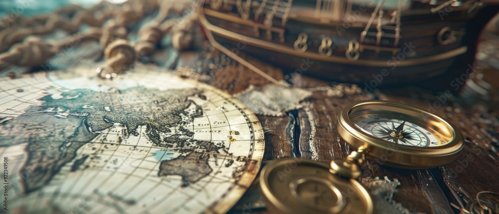 Historical scene with an old sailboat, compass, and ancient map ...