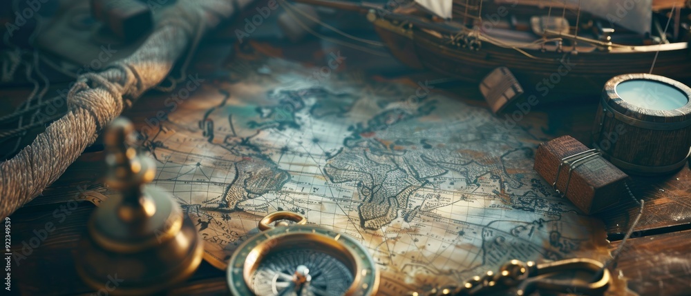 Historical scene with an old sailboat, compass, and ancient map ...