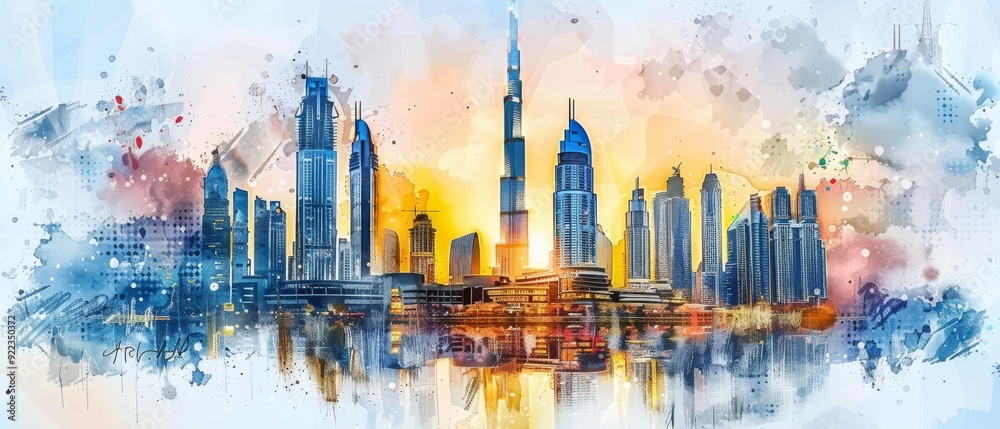 Watercolor painting Emirates Tower in Dubai, UAE, showcasing its iconic ...