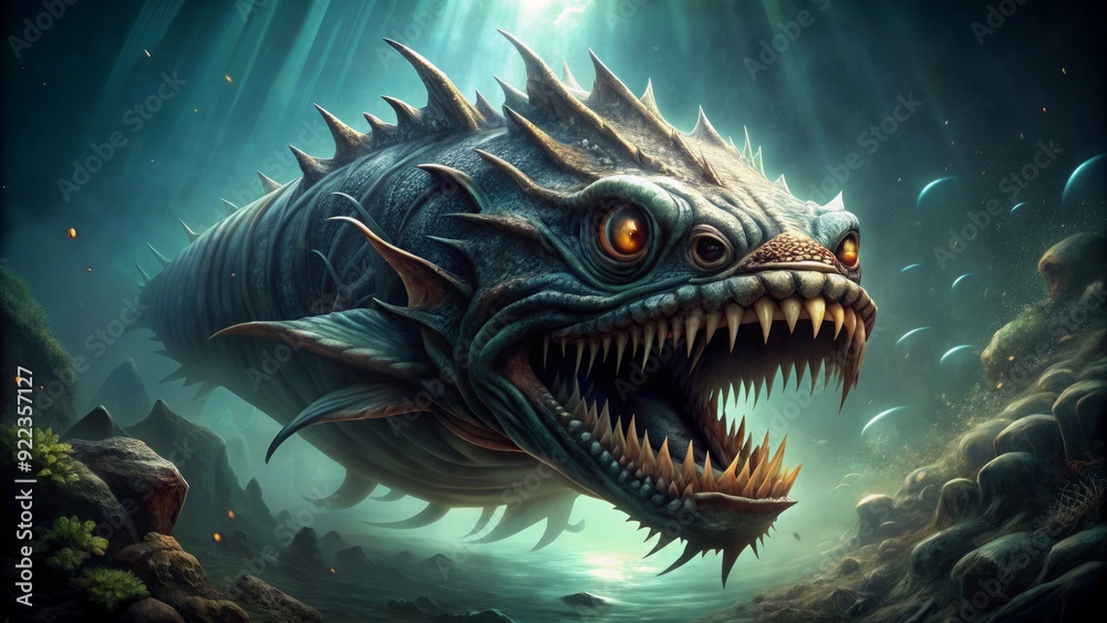 Fearsome legendary underwater beast emerges from dark depths, unveiling razor-sharp fangs and ...