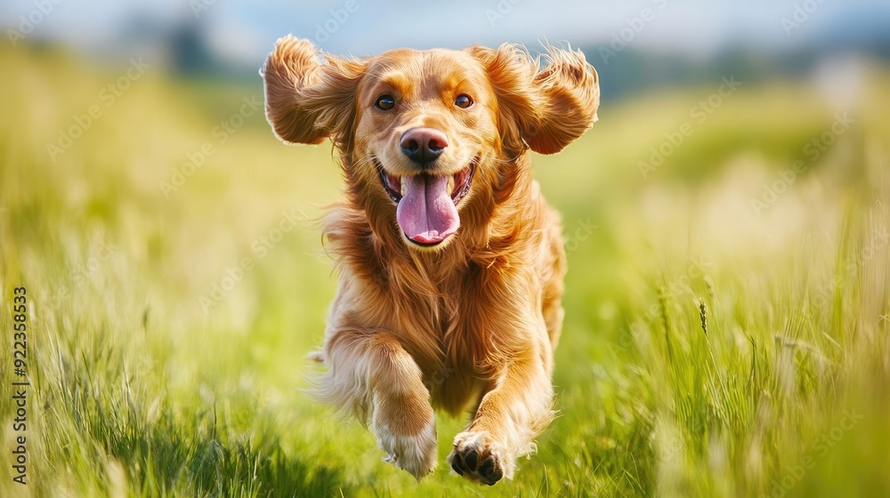 Excited dog running through a field of tall grass, ears flopping and ...