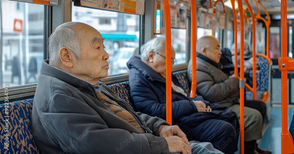 Elderly men sit quietly on a public bus in Japan, enjoying a moment of ...