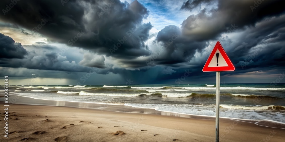 Ominous weathered red warning sign with high tide and tsunami alert ...