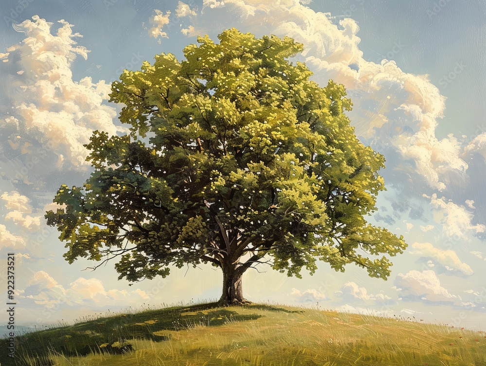 A single sycamore tree on a grassy incline under a clear sky with soft ...