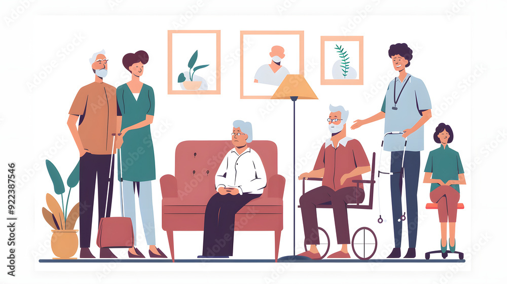 Elderly care workers and elderly people in a living room, a flat design ...