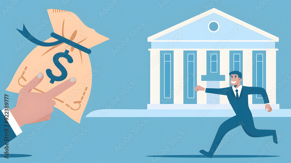 Man holding a money bag with a dollar sign and a bank building Stock ...