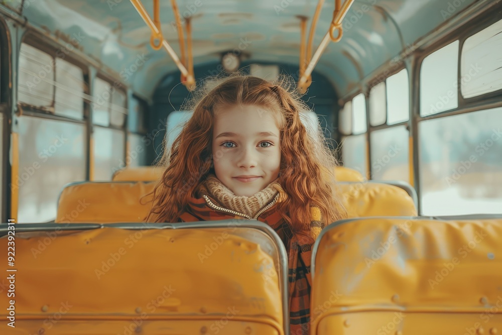 Smiling Girl with Red Hair on Yellow School Bus Seat, Childhood and ...