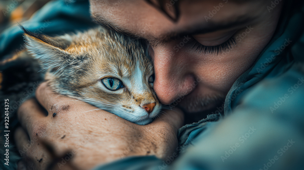 A close-up captures an adventurous man tenderly cradling his kitten ...