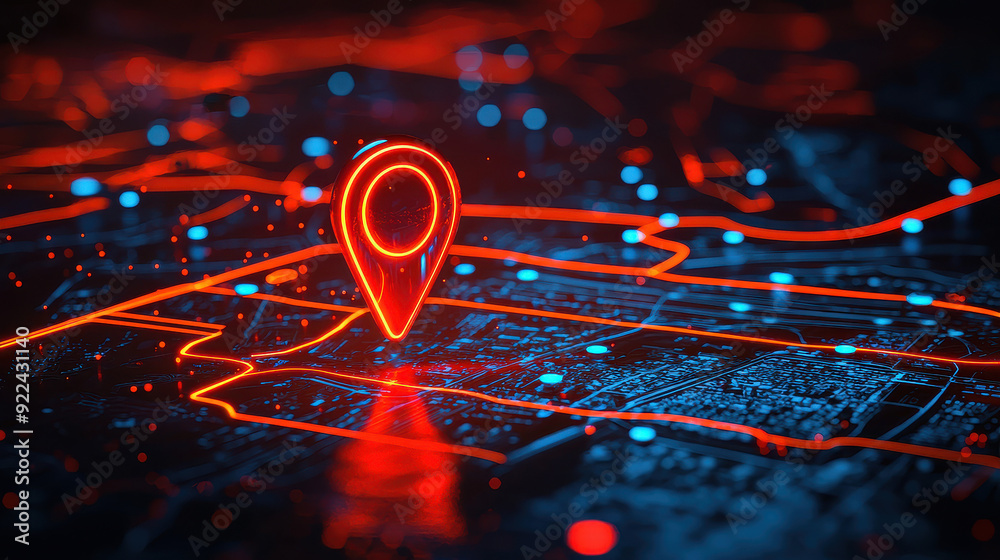 The image presents a glowing locator pin on a detailed digital map with ...