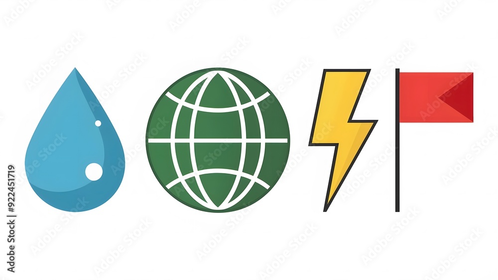 2D icons of a water drop, globe, lightning bolt and flag separated on a ...