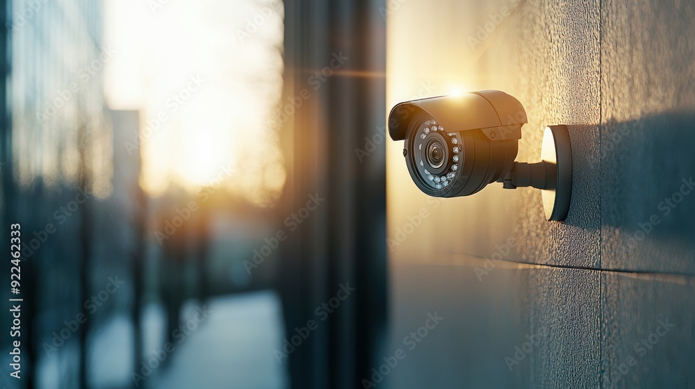 Outdoor CCTV camera positioned on a building corner, scanning the ...