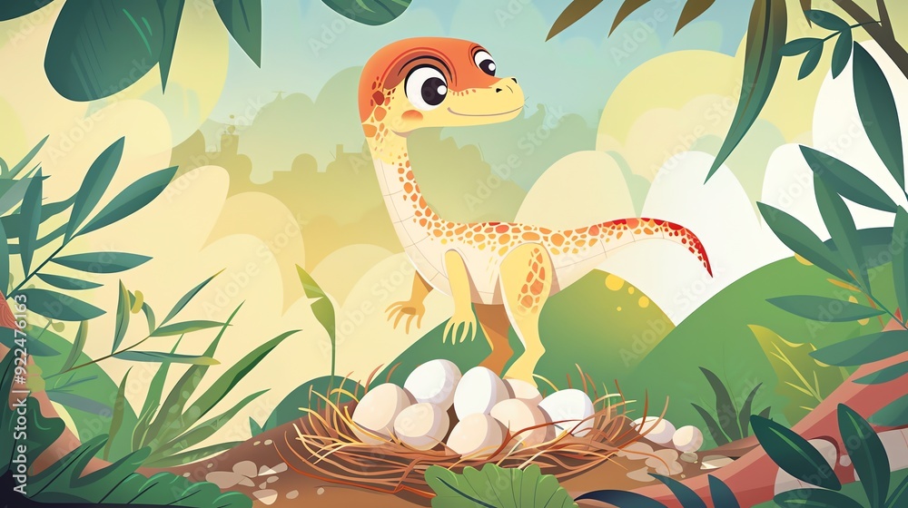 Create a illustration of a Oviraptor with nest of eggsin a kawaii style ...