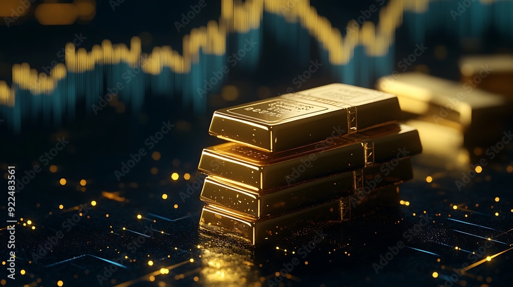 Gold bar stack and investment stock graph business concept on gold particles background with ...