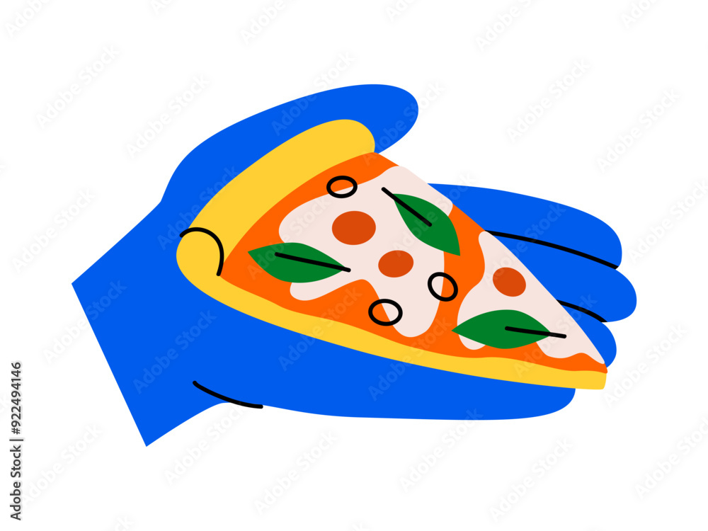 Hand drawn cute cartoon illustration slice pizza in hand. Fast food ...