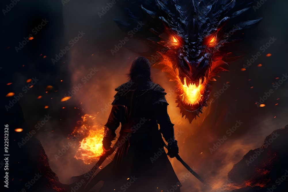 A knight fighting a dragon on a fantasy scary night. Stock Illustration ...