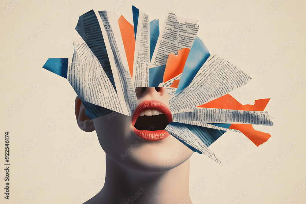 Creative trend collage of female head talking mouth speech news ...