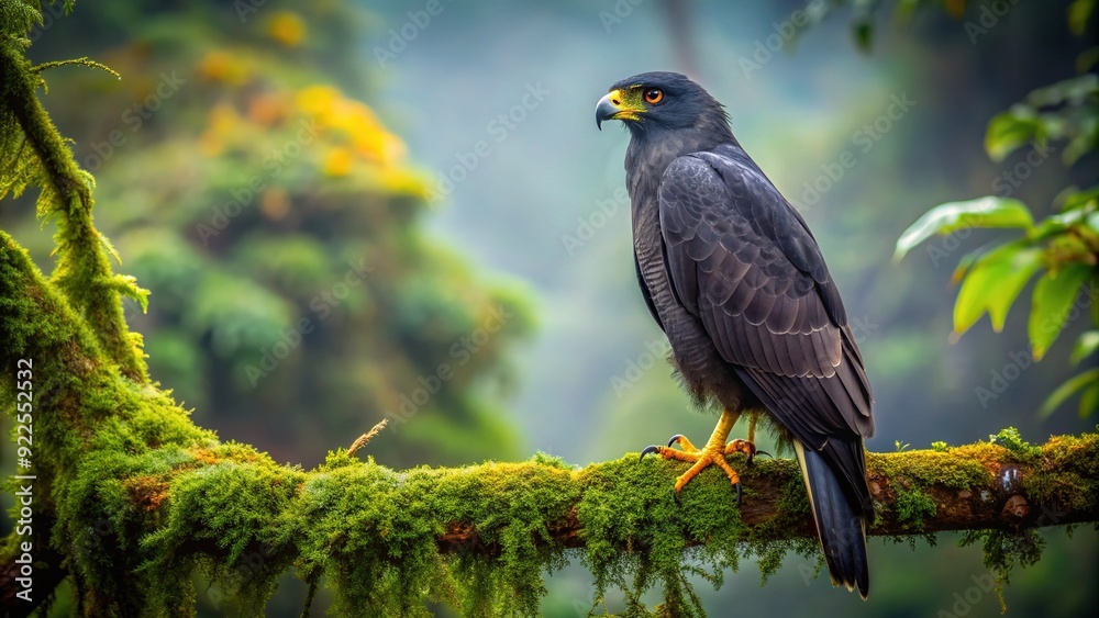 Majestic Common Black Hawk perches on a moss-draped branch, its dark ...