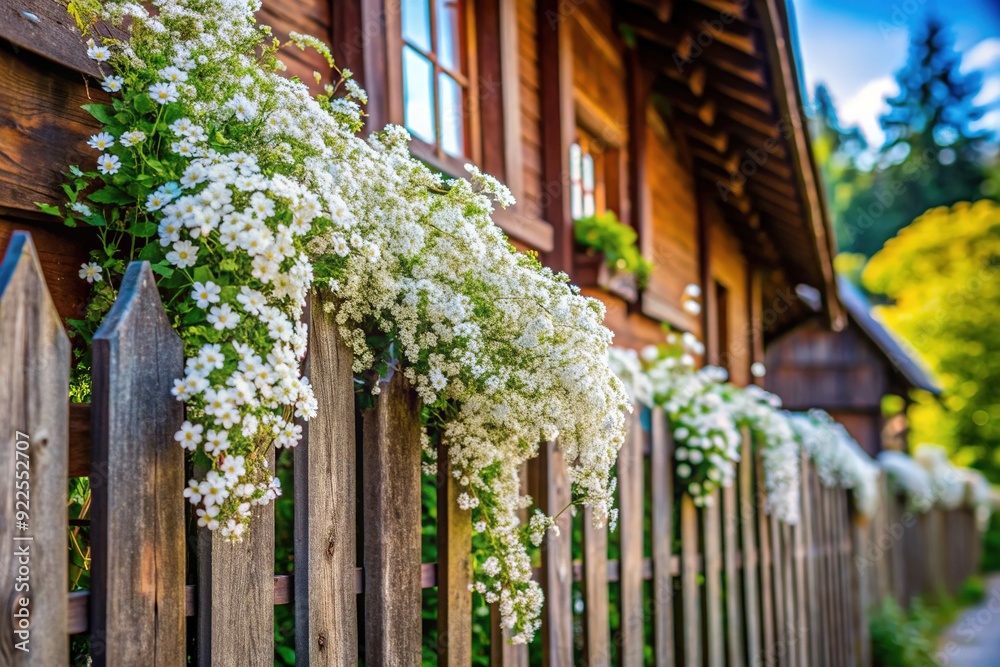 Delicate tiny white flowers cascade down a charming wooden fence ...