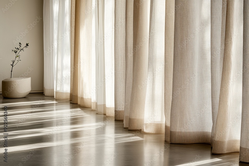 Natural light streams through elegant linen curtains, casting soft ...