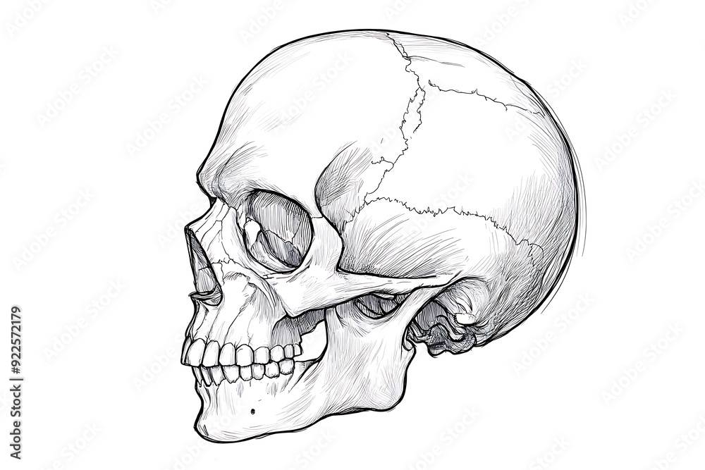 Isolated white human skull, detailed bone structure against black ...