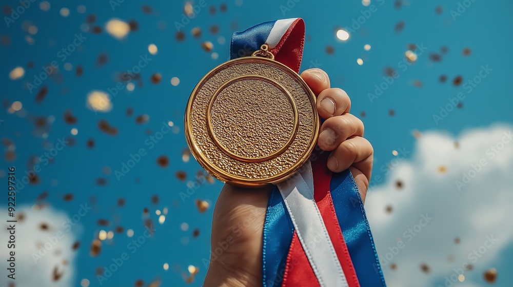 Triumphant Hand Holding a Gold Medal Against a Clear Blue Sky with ...
