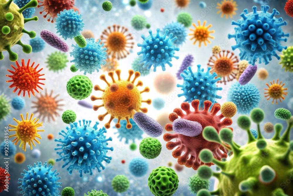 A vibrant microscopic landscape filled with various viruses and ...