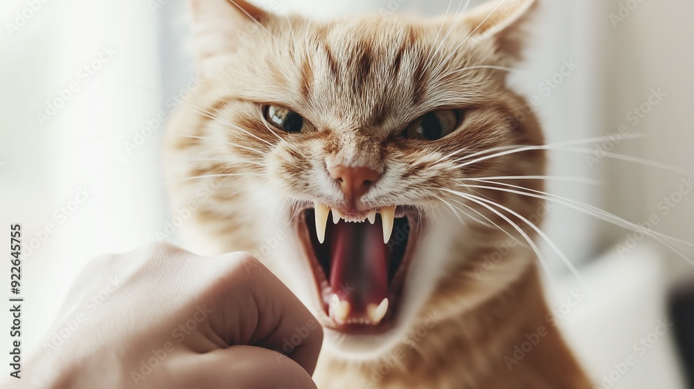 Fierce ginger cat ready to attack with an open mouth and sharp teeth ...