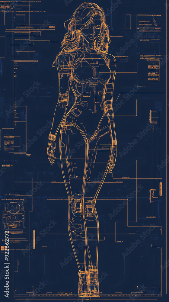 Digital Illustration of a Female Figure in Technical Blueprint Style with Detailed Wireframe ...