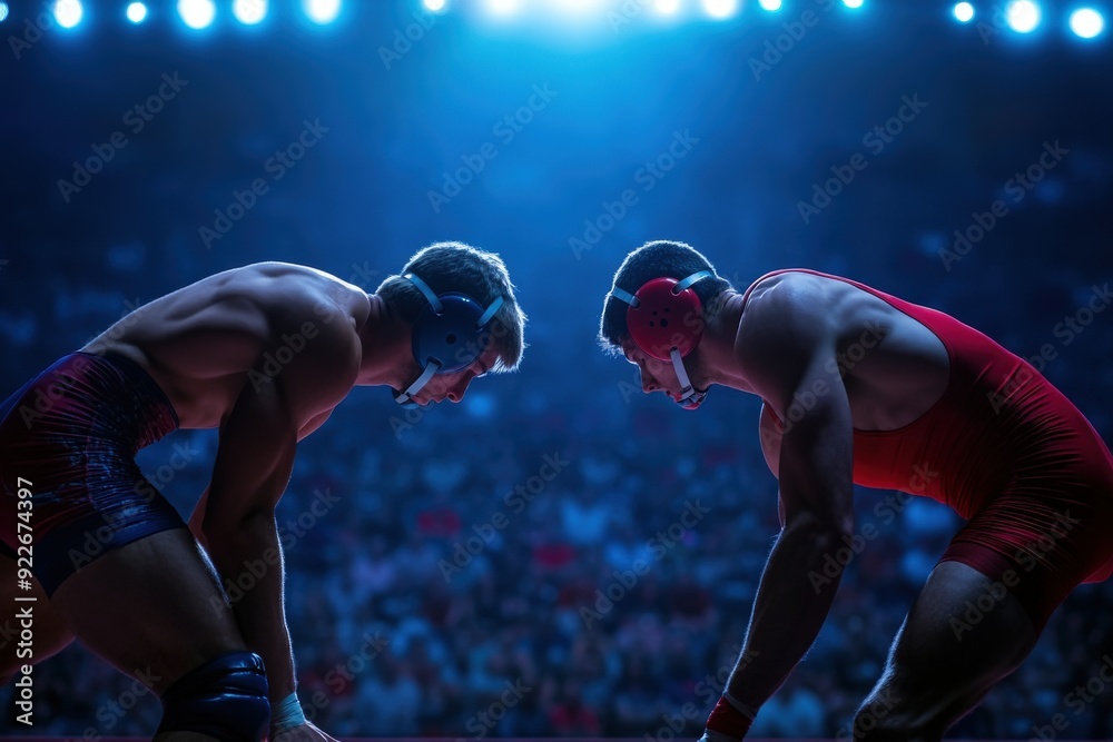 Under dramatic lighting, two athletes wearing headgear engage in a ...