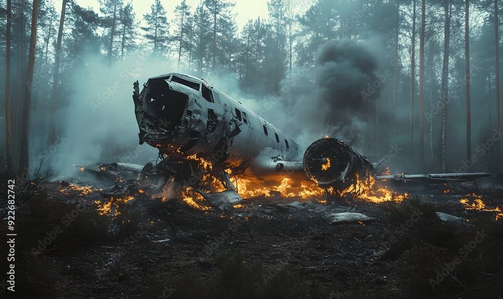 Burning airplane wreckage in the forest. Aviation disaster and air ...