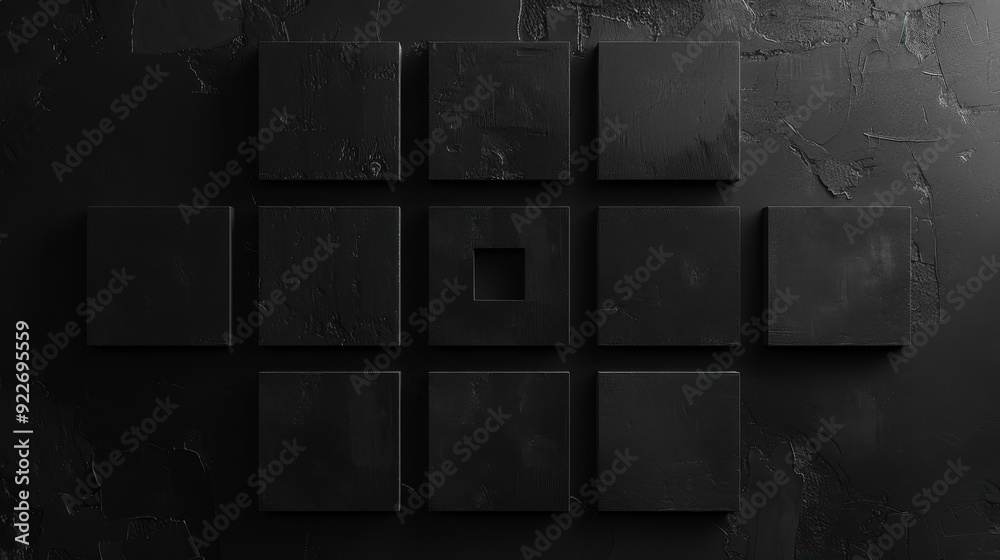 Monochromatic composition featuring a textured background with nine ...