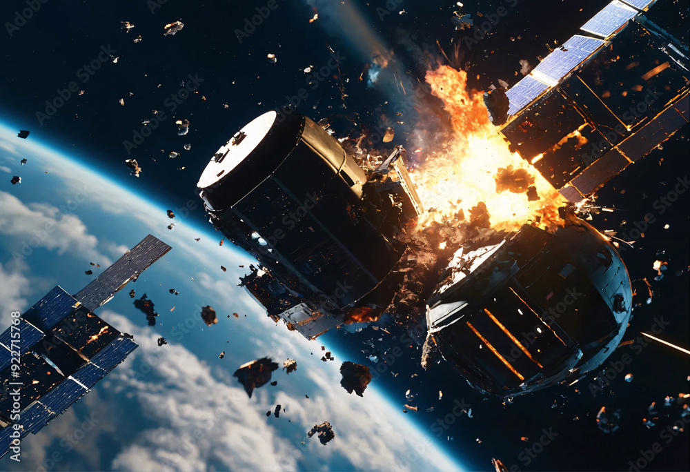 Crash and destruction of the space station in Earth orbit. Collapsing ...