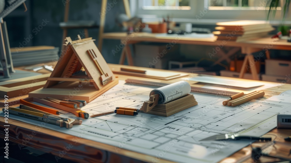 Architectural layout on a drafting table with tools and materials ...