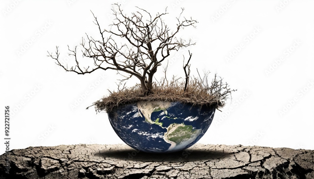 Dry tree and dry grass growing out of the Planet Earth globe, climate ...