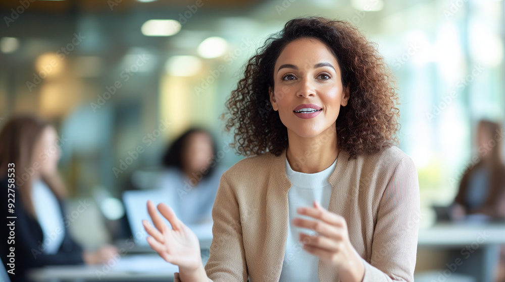 Confident woman in a leadership role guiding a discussion in a modern ...