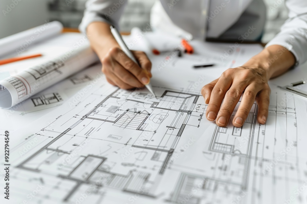 Architect meticulously drafting and revising detailed construction ...