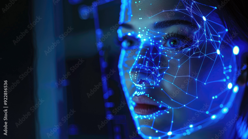 Facial recognition technology, young woman face with lines of AI biometric system, 3d digital ...
