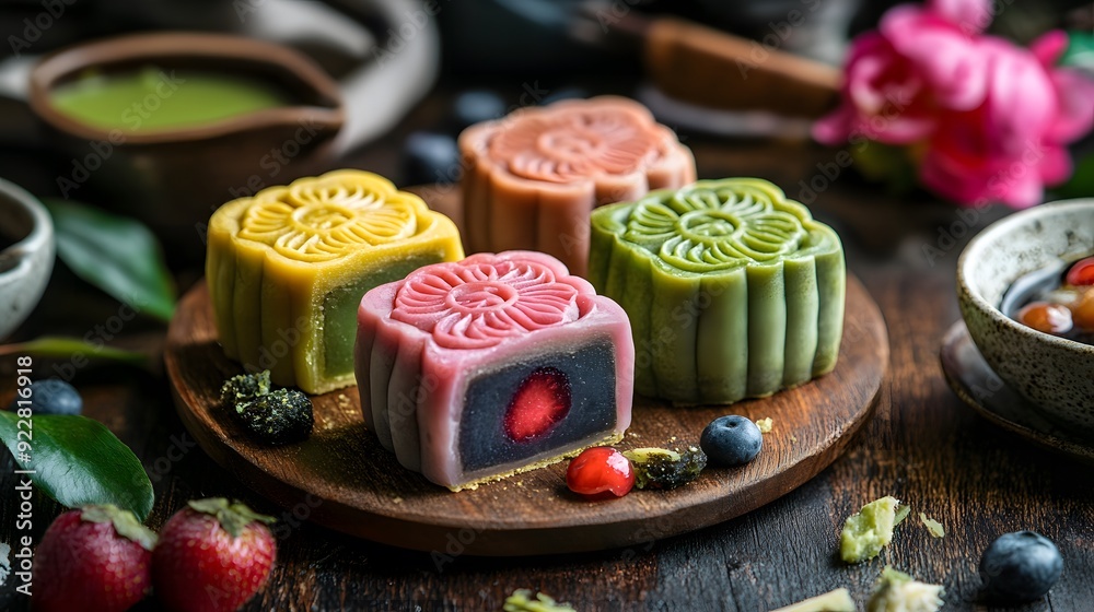 Traditional Chinese snow skin mooncakes for mid autumn festival with ...