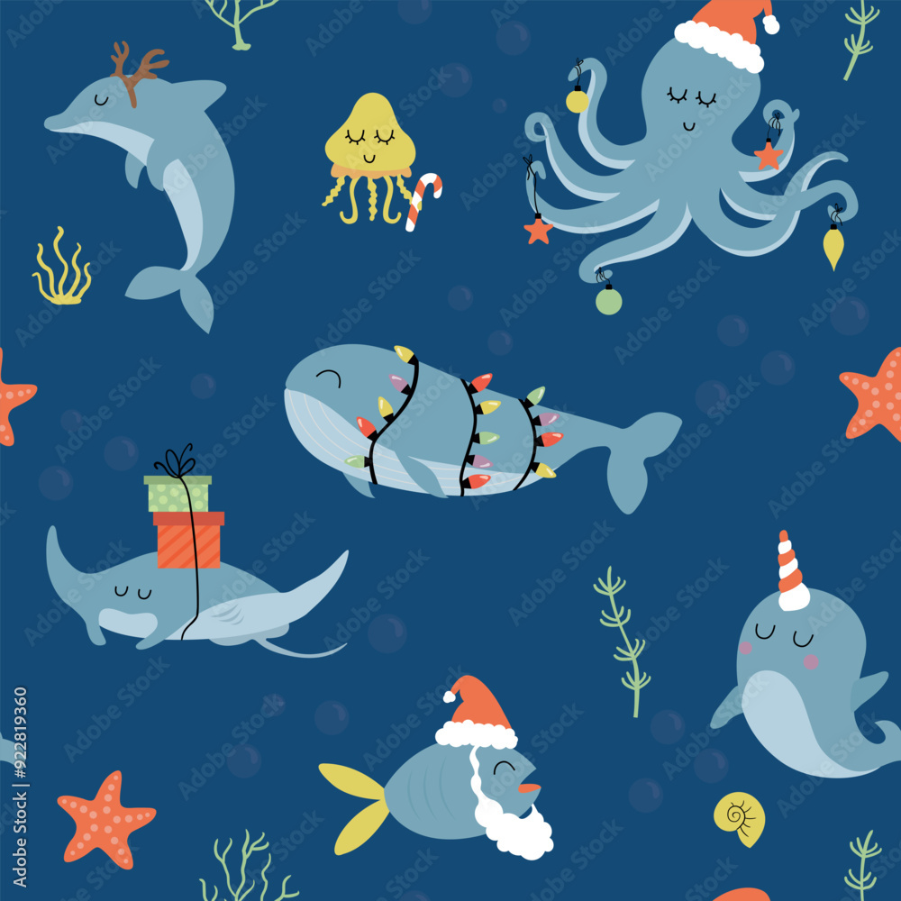 Christmas under the sea seamless pattern. Cute whale, octopus, dolphin ...
