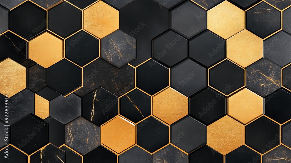 Bold art deco-inspired design with overlapping gold and black hexagons ...