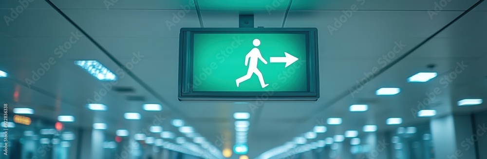 Photo of Green Emergency Exit Sign with Right Arrow and Running Person ...