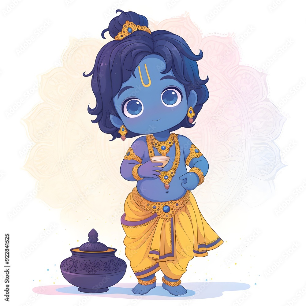 Cute little baby Krishna with Dahi Handi. Cartoon character Hindu god ...