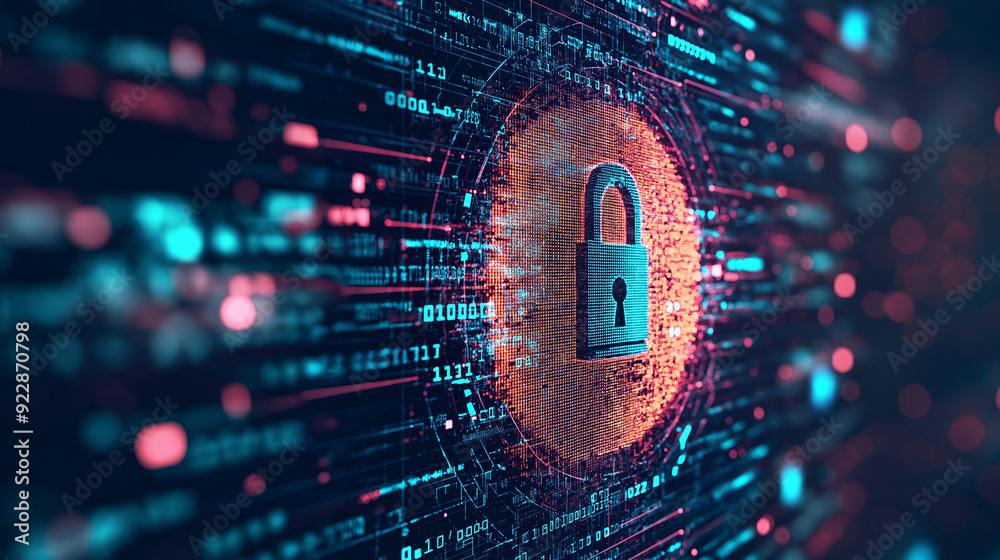Digital background featuring pixelated padlock and data protection ...