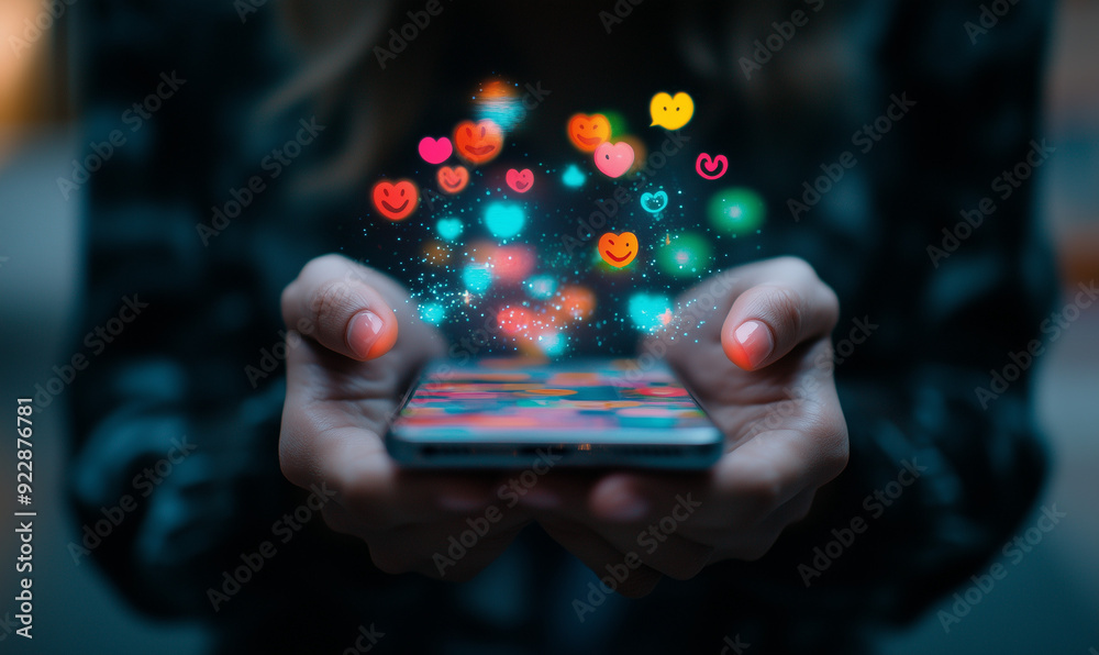 Hands holding smartphone with floating heart and smiley icons. Social ...