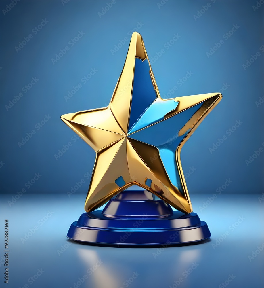 Gold star on a blue background as a reward. First place in a computer game. Top Performance ...