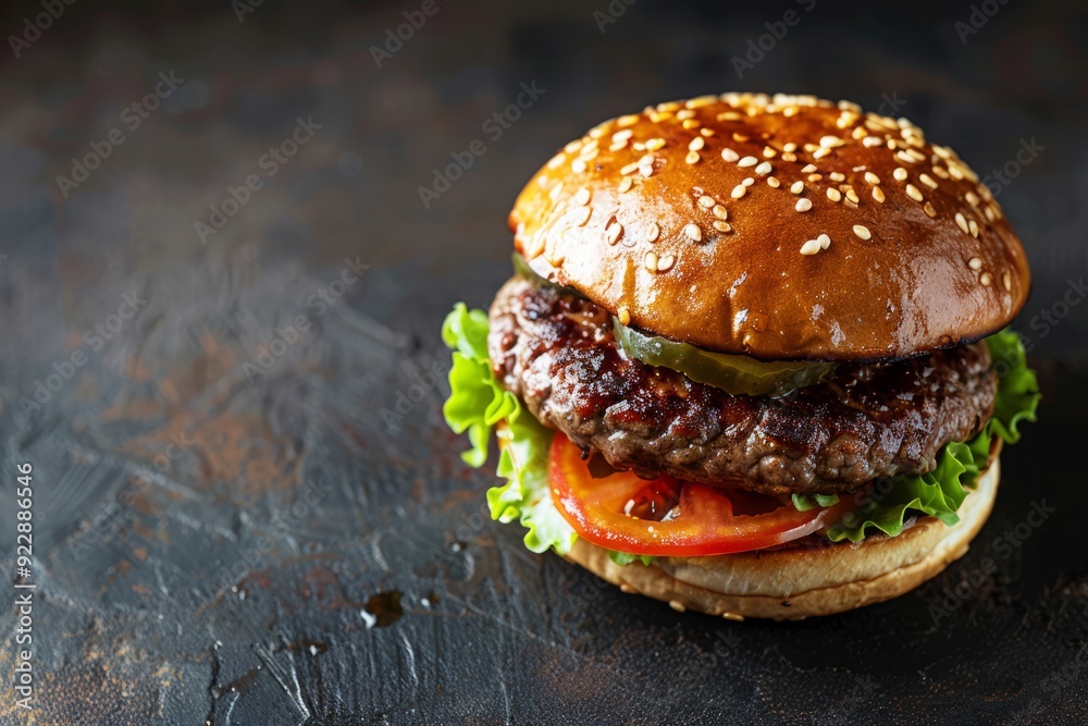Bird's-eye view of a gourmet teriyaki beef burger with lettuce, tomato ...