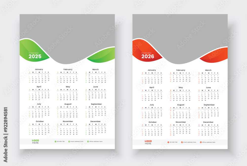 2025, 2026 years calendar, One page wall calendar template design ...