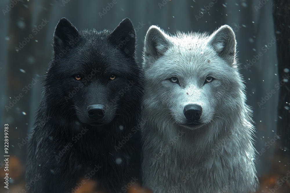 Two wolves, one black and one white, stand side by side in a forest ...