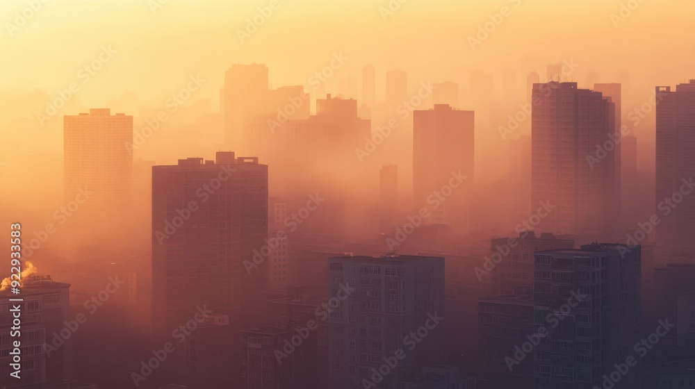 Urban scene showing effects of poor air quality with smog and pollution ...