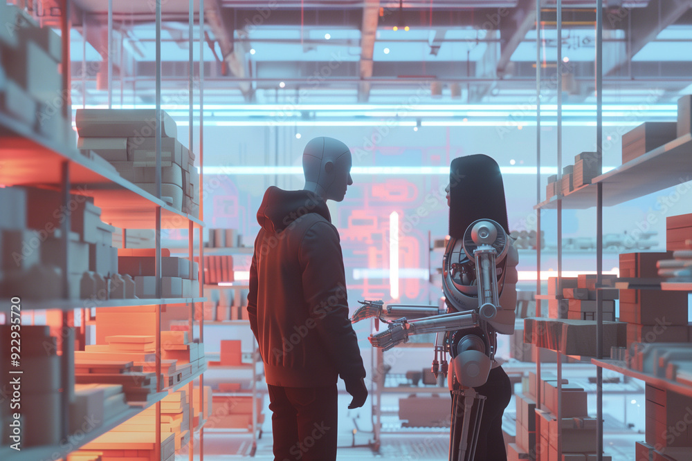 Humanoid robot Couple selecting wood materials and equipment at ...